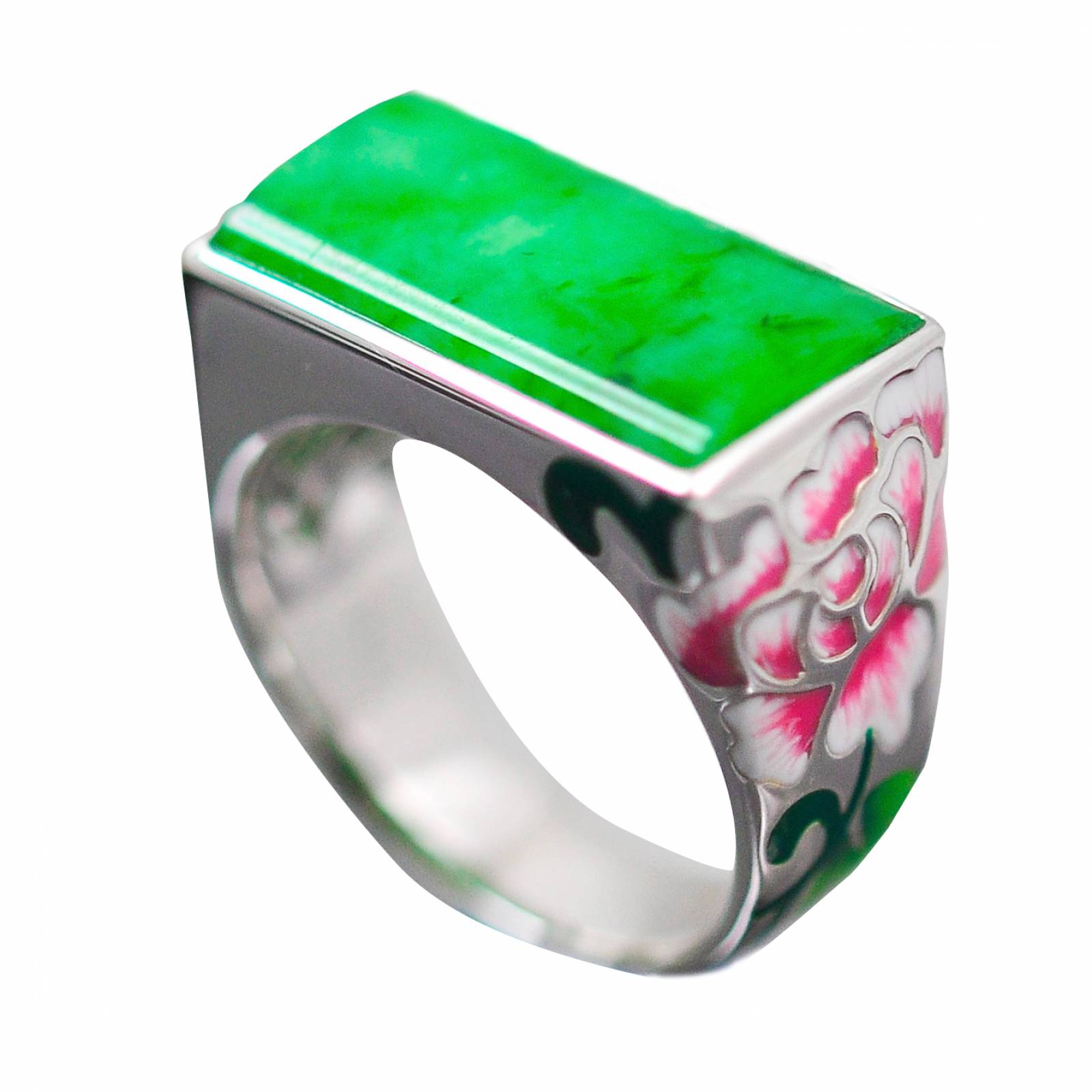 Vivid Chartreuse Jade and Flower Enamel unisex ring